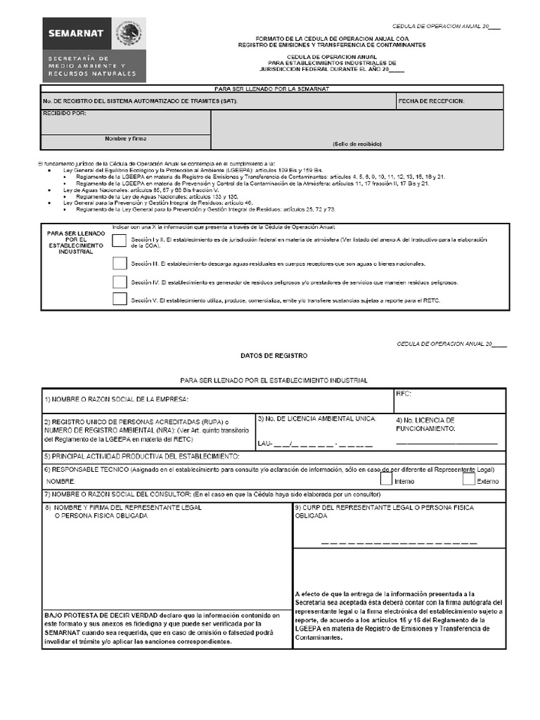 Coa Formato Cédula de Operación Anual | PDF | Entorno natural | Residuos