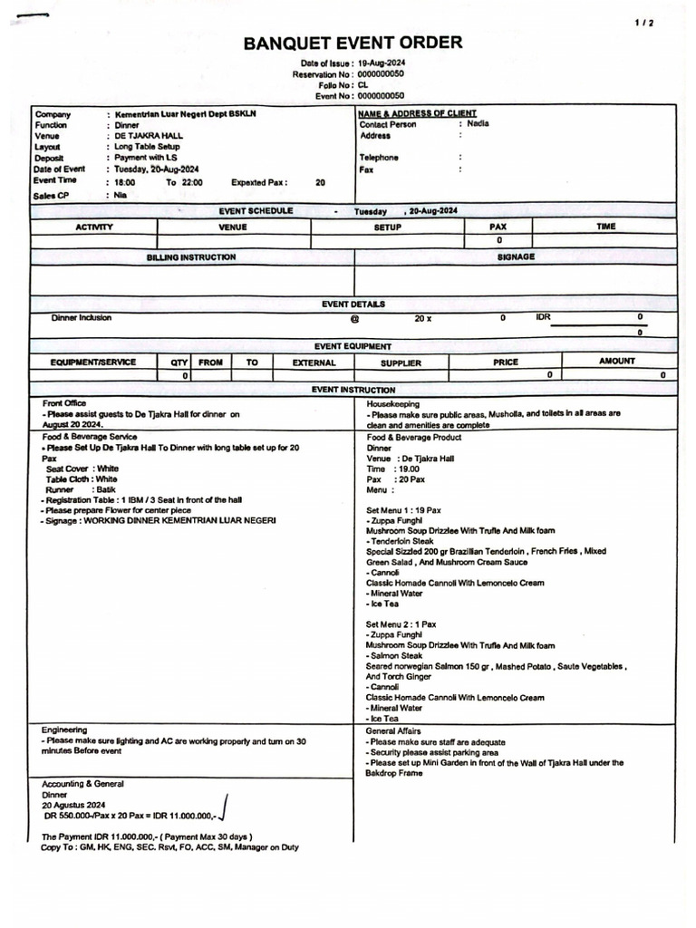 Beo Dinner Kemenlu 20 Agustus 2024. | PDF