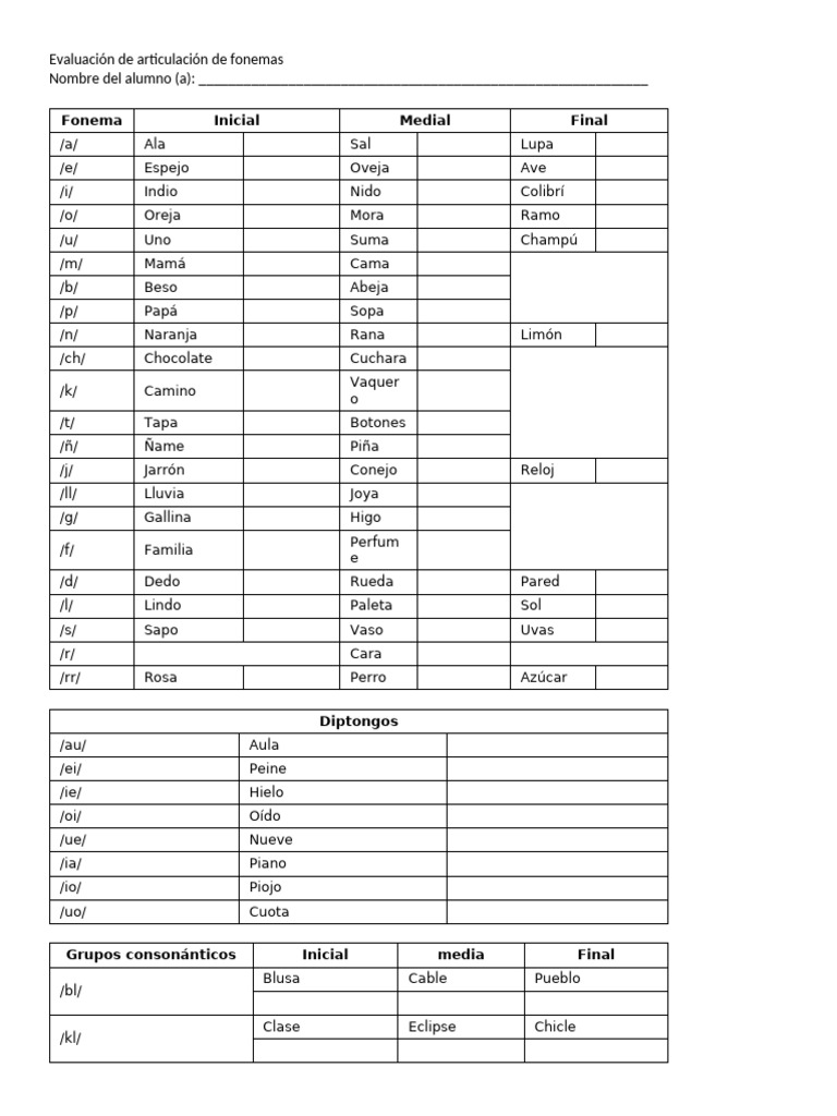 Evaluación de Articulación de Fonemas | PDF