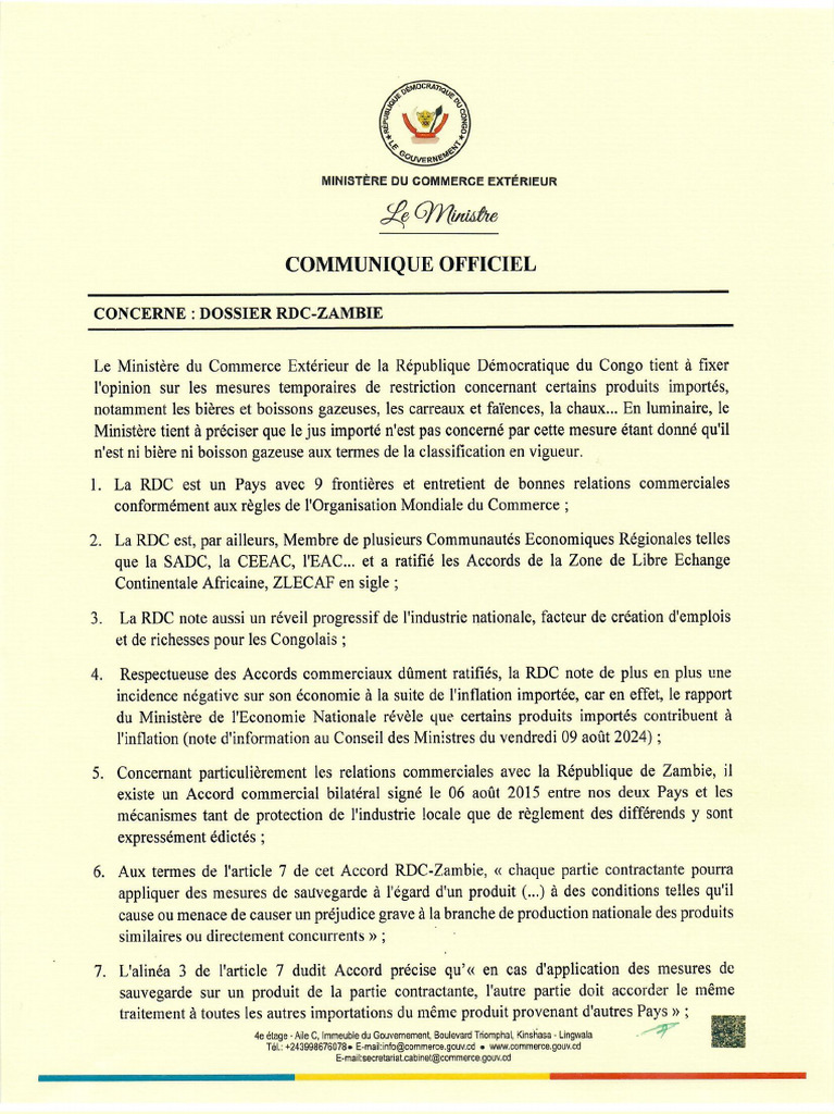 Communiqué Officiel - Dossier RDC - ZAMBIE | PDF