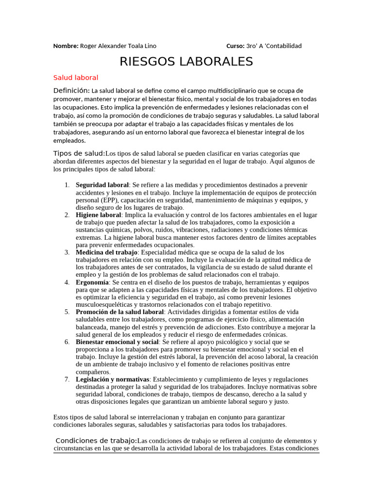 Riesgos Laborales Fol Roger Toala | PDF | Seguridad y salud ocupacional | Factores humanos y ...