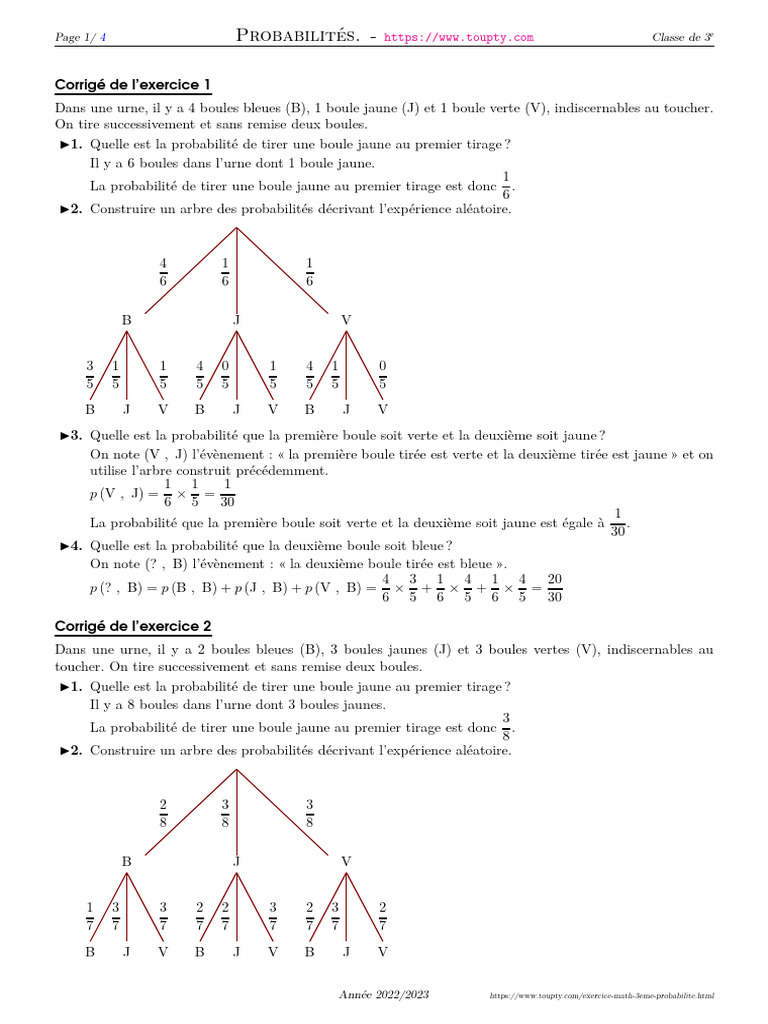 Exercice Probabilite 3eme 1 Corrige | PDF