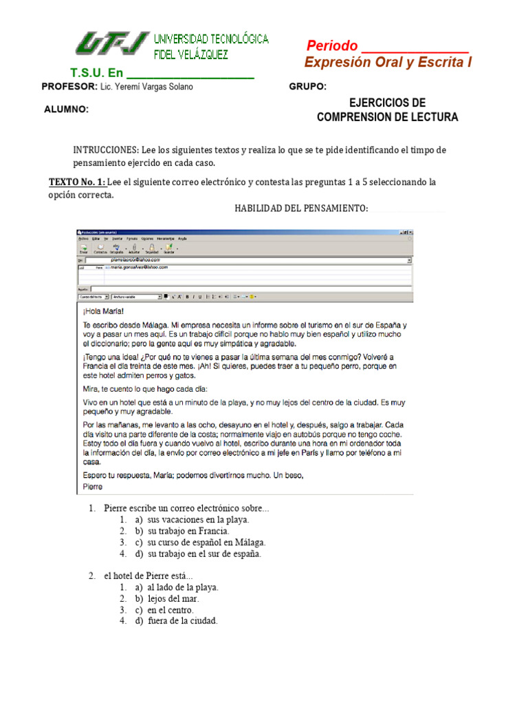 Ejercicios de Comprensión Lectora y Pensamiento | PDF