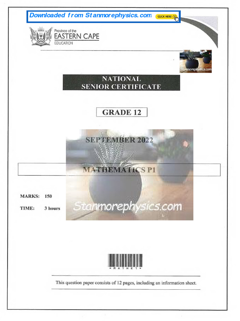 EC Maths Grade 12 SEPT 2022 P1 and Memo | PDF