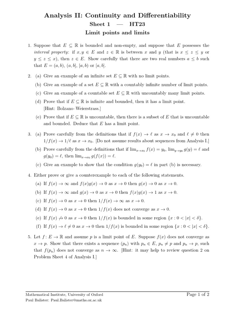 Analysis II Sheet 1 | PDF