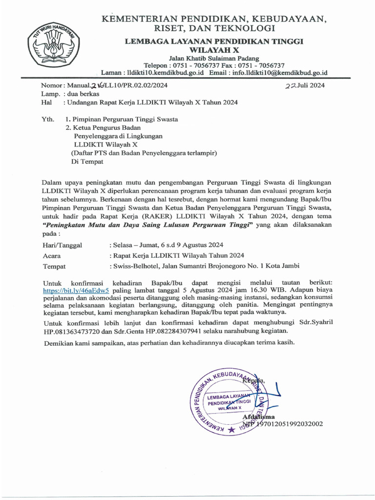 Undangan Raker Lldikti X Di Jambi | PDF