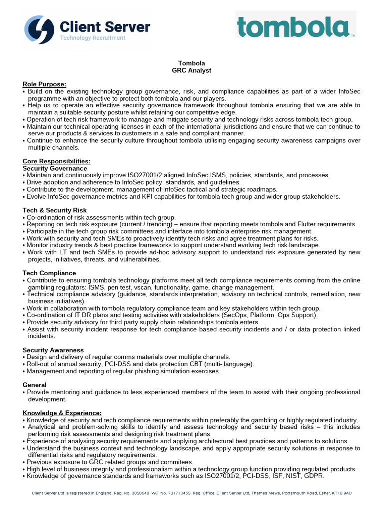 Tombola - J20335 - GRC Analyst - CS Spec | PDF