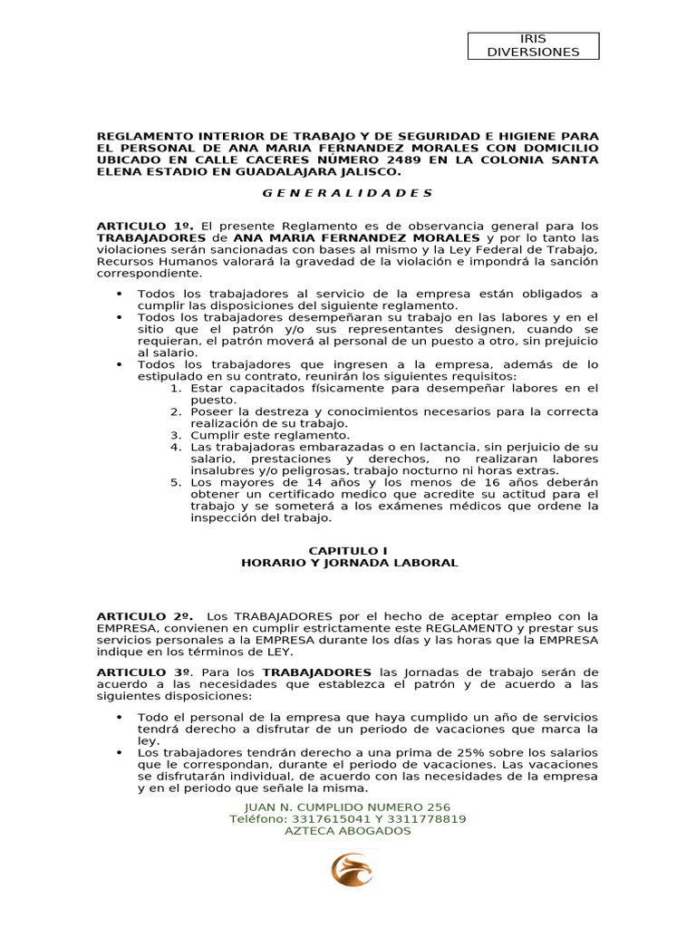 Reglamento Interior de Iris Diversiones Impresas | PDF | Laboratorios | Negocios