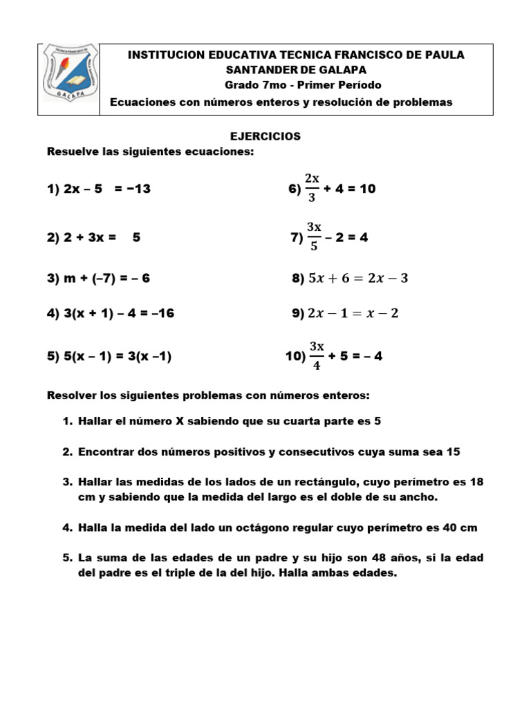 Ecuaciones y Problemas de Enteros Grado 7 | PDF
