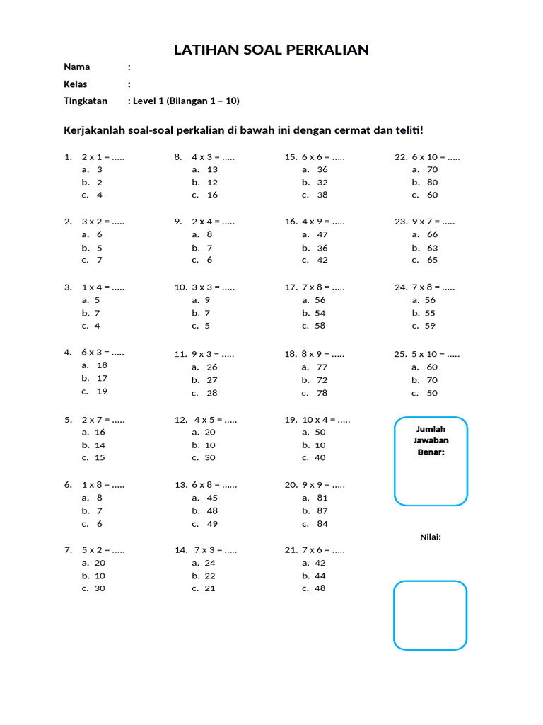 Soal Perkalian Level 1 Bilangan 1 - 10 | PDF