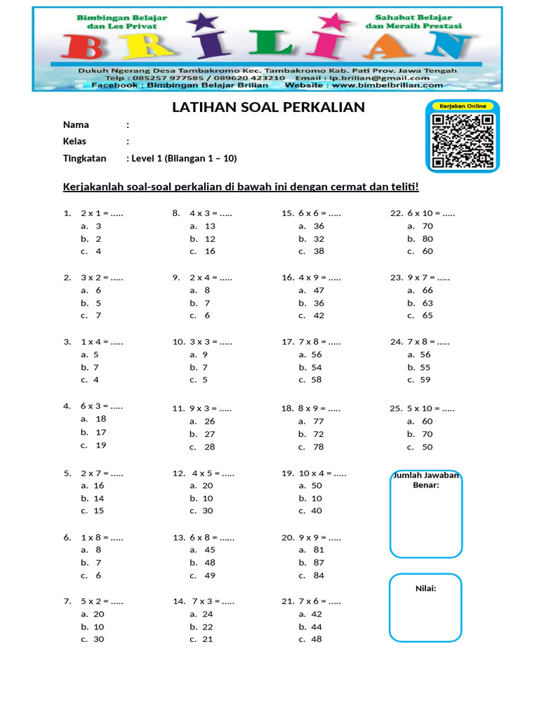 Soal Perkalian Level 1 Bilangan 1 - 10 | PDF