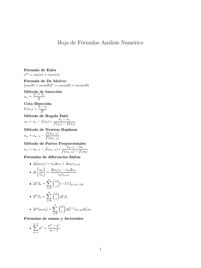 Hoja de Fórmulas Análisis Numérico | PDF