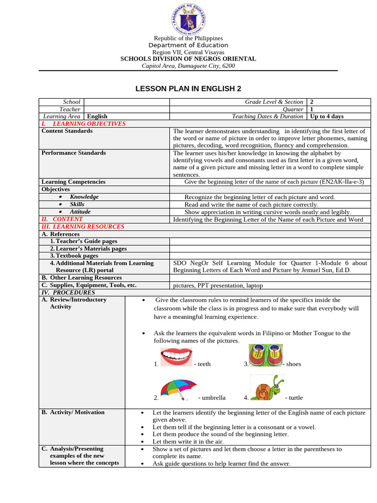 english 2 lesson paln | PDF