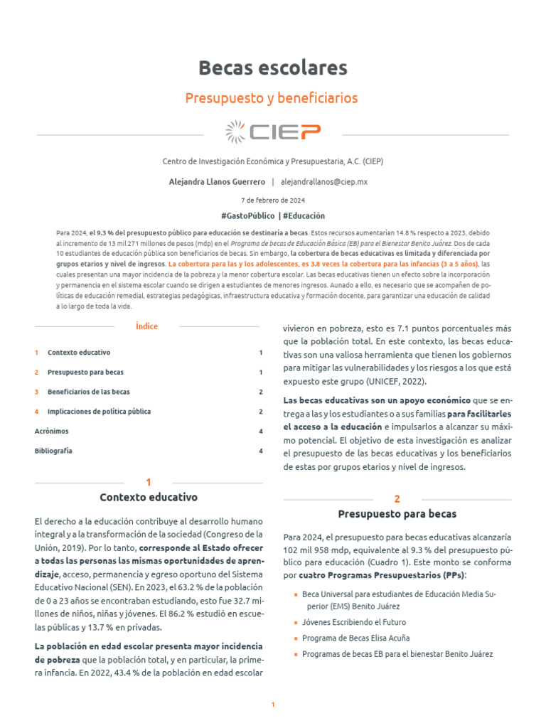 Becas Escolares. Presupuesto y Beneficiarios. | PDF