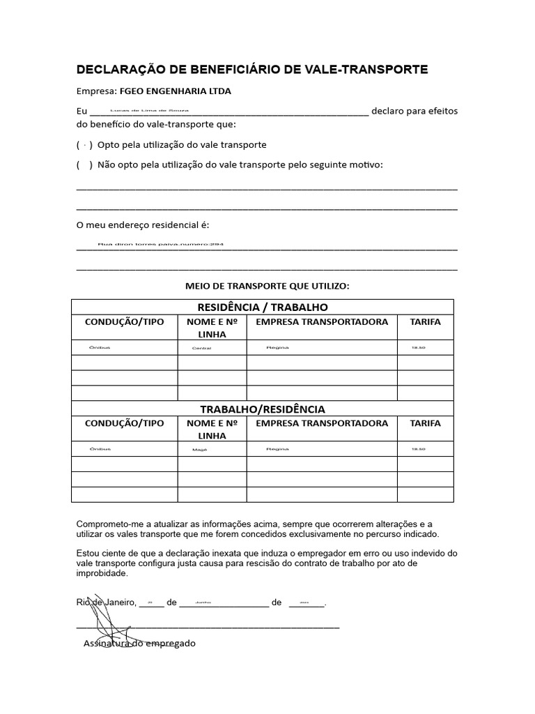 Cópia de Declaração Vale Transporte | PDF
