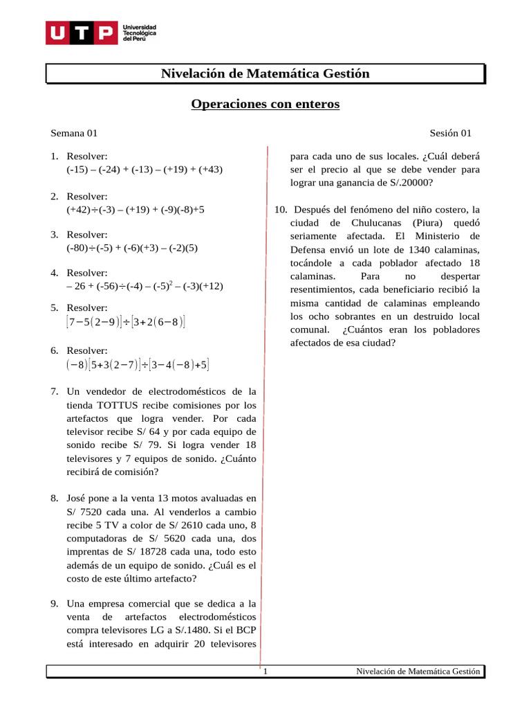 S01 - s1 - Resolver Ejercicios - Operaciones Con Enteros | PDF S01 - s1 - Resolver Ejercicios - Operaciones Con Enteros | PDF