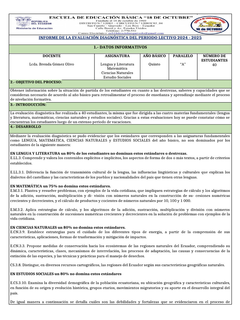 Formato de Informe de La Evaluacion Diagnostica 2024-2025 | PDF