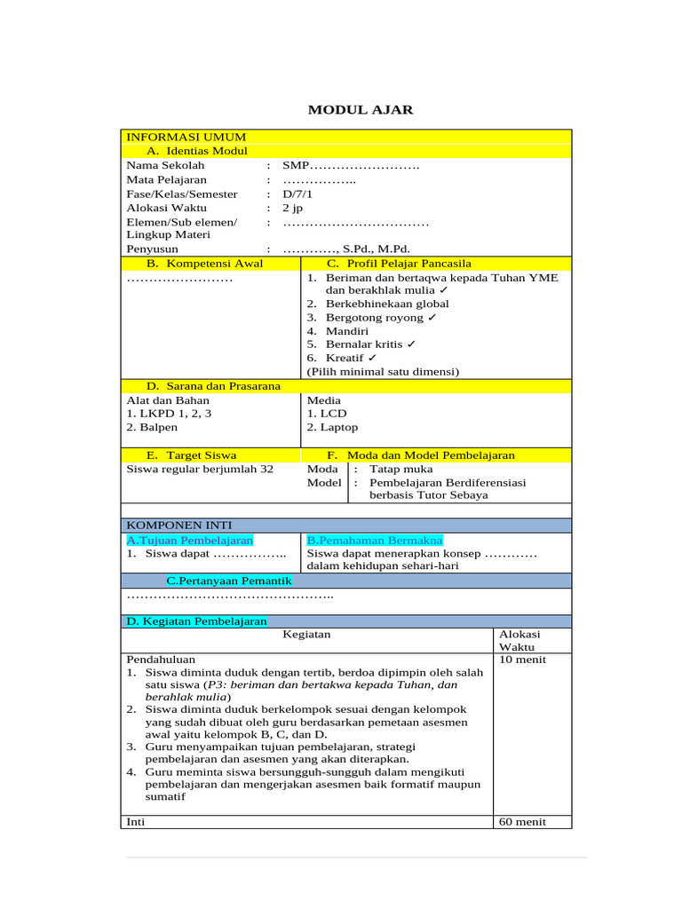 Contoh Modul Ajar Diferensiasi - Semua Mapel | PDF