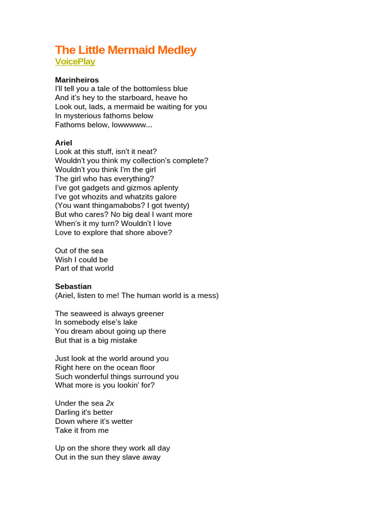Letra - The Little Mermaid Medley | PDF