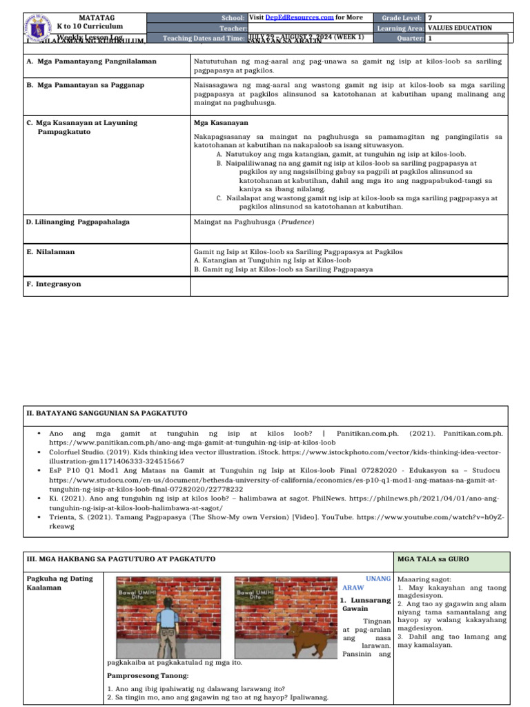 DLL Matatag - Values Education 7 Q1 W1 | PDF