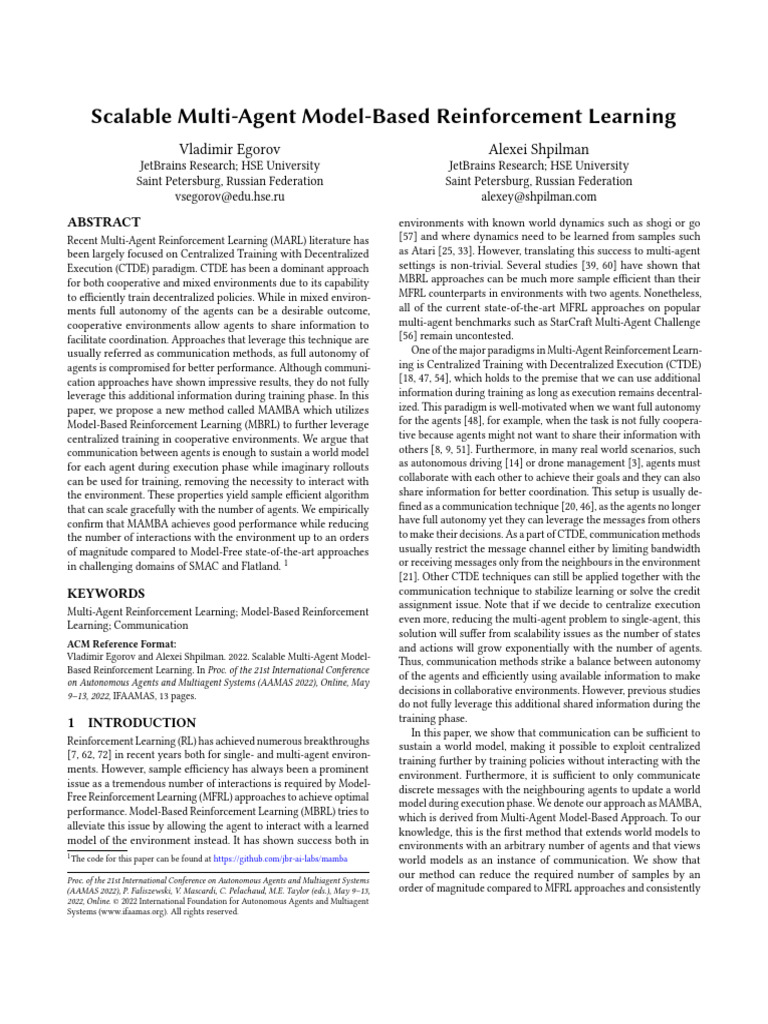 Scalable Multi-Agent Model-Based Reinforcement Learning | PDF