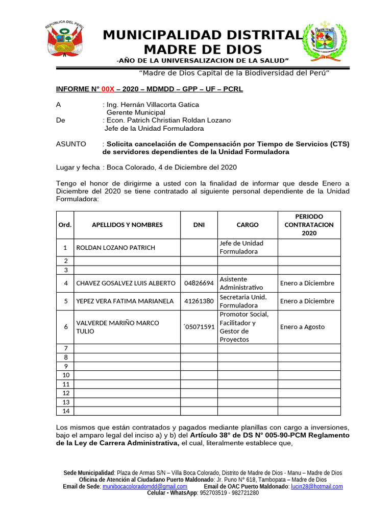 INFORME TECNICO #00X-2020-MDMDD-GPP-UF Solicita Pago de CTS | PDF
