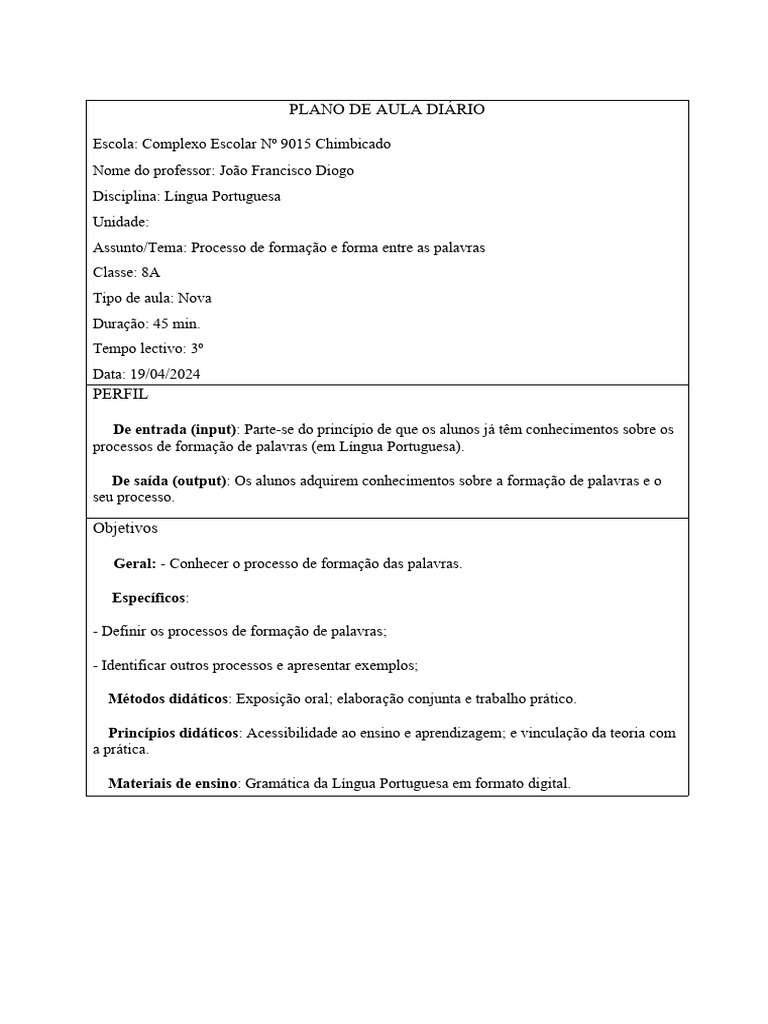 Plano de Aula Diário 3 | PDF
