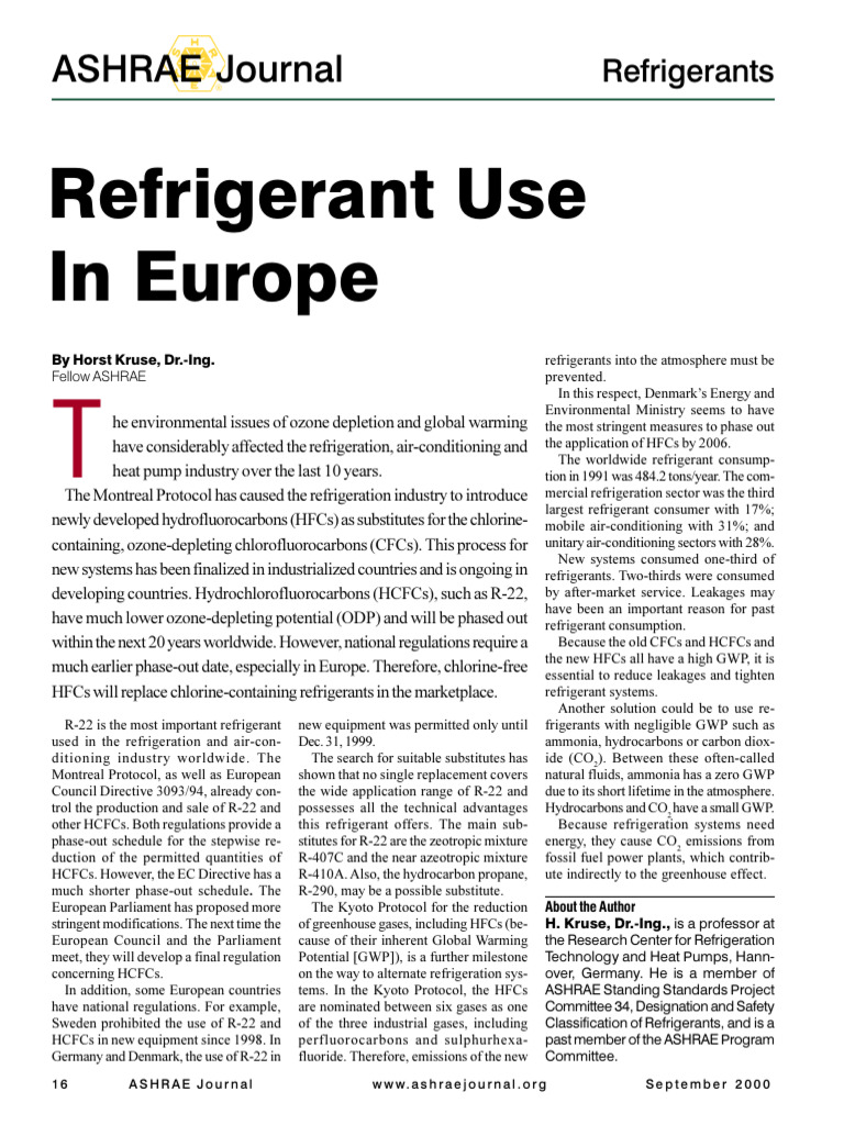Ashrae Journal 2000.09 Refrigerant Use in Europe | PDF