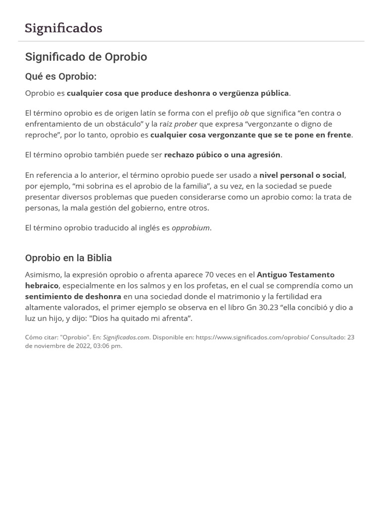 Significado de Oprobio (Qué Es, Concepto y Definición) - Significados | PDF