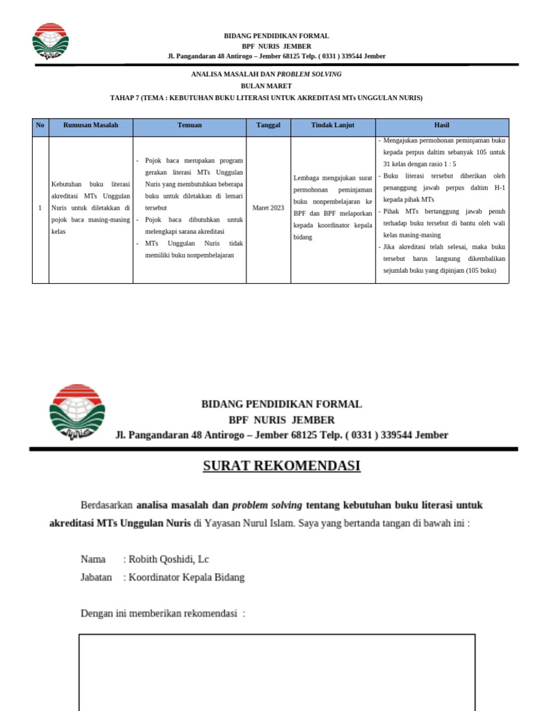 Analisa Problem Solving BPF Bulan Maret Tahap 7 (Buku MTS) | PDF