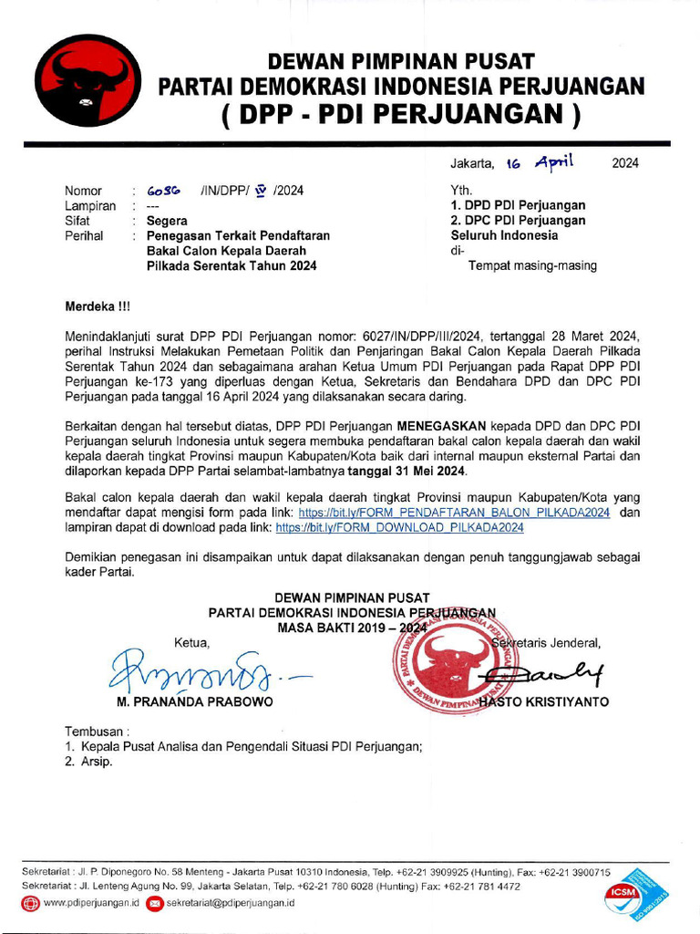 Surat Internal No. 6036 - Penegasan Terkait Pendaftaran Bakal Calon Kepala Daerah Pilkada 2024 ...