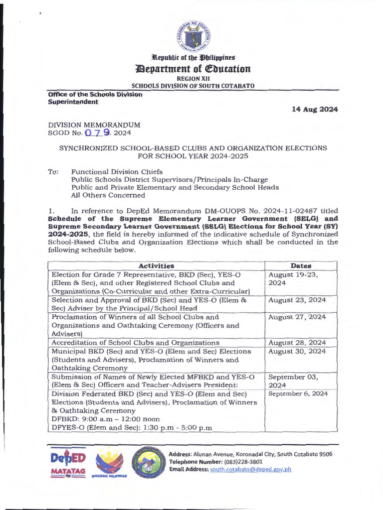DM SGOD No. 079 S. 2024 SYNCHRONIZED SCHOOL BASED CLUBS AND ORGANIZATION ELECTIONS FOR SCHOOL ...