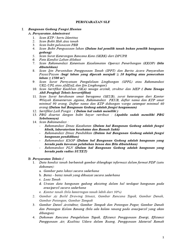 Syarat SLF (SERTIFIKAT LAIK FUNGSI) | PDF