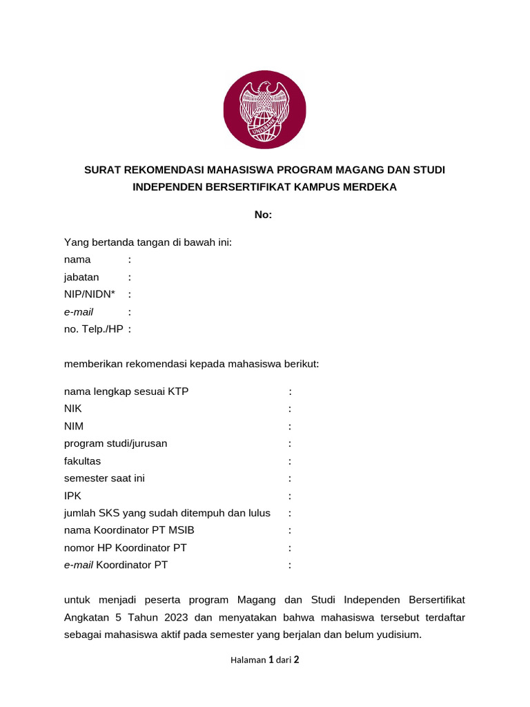 Surat Rekomendasi PT Untuk Mahasiswa Program MSIB | PDF