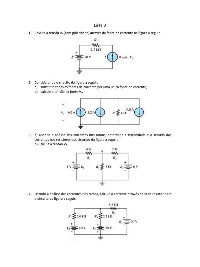 Lista de Exercícios 3 - Circuitos Elétricos | PDF