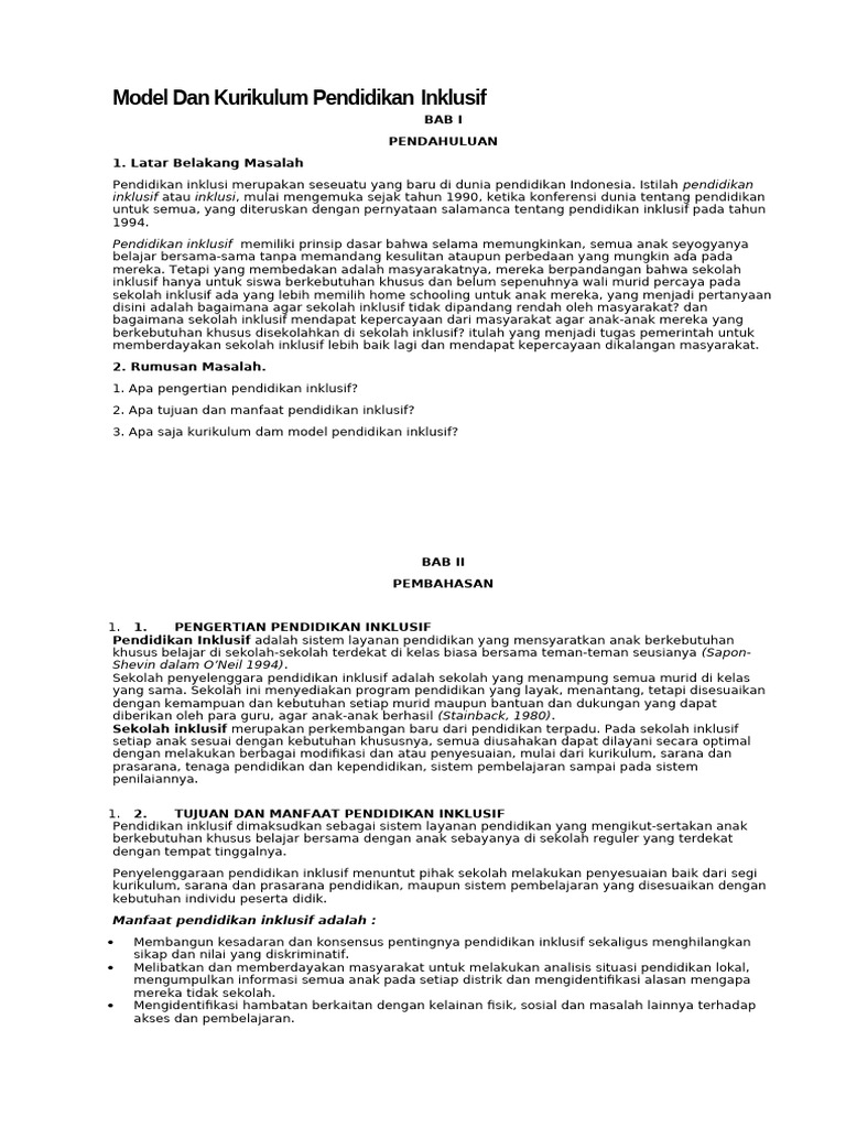 Model Dan Kurikulum Pendidikan Inklusif | PDF