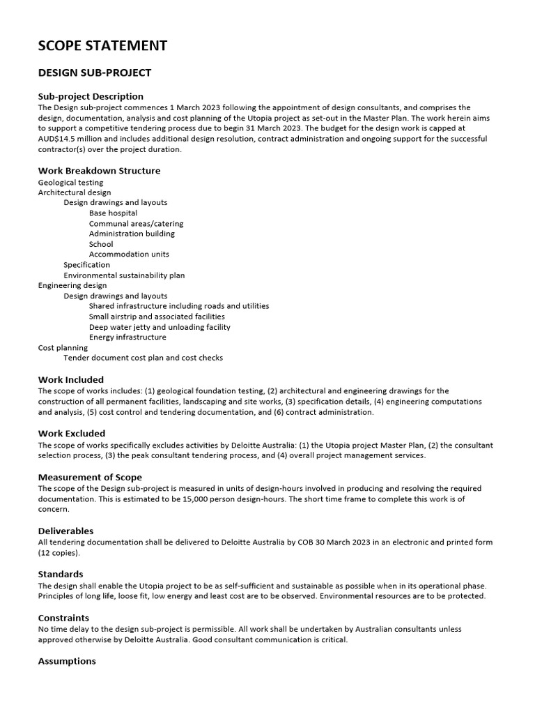 Scope - Statement - Example - Design - Subproject - Stage 1 - 2023 | PDF