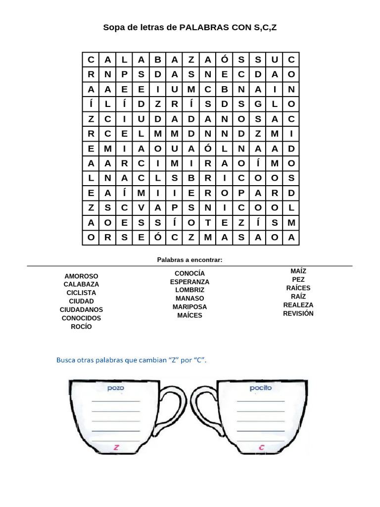 Sopa de Letras de Palabras Con SCZ | PDF