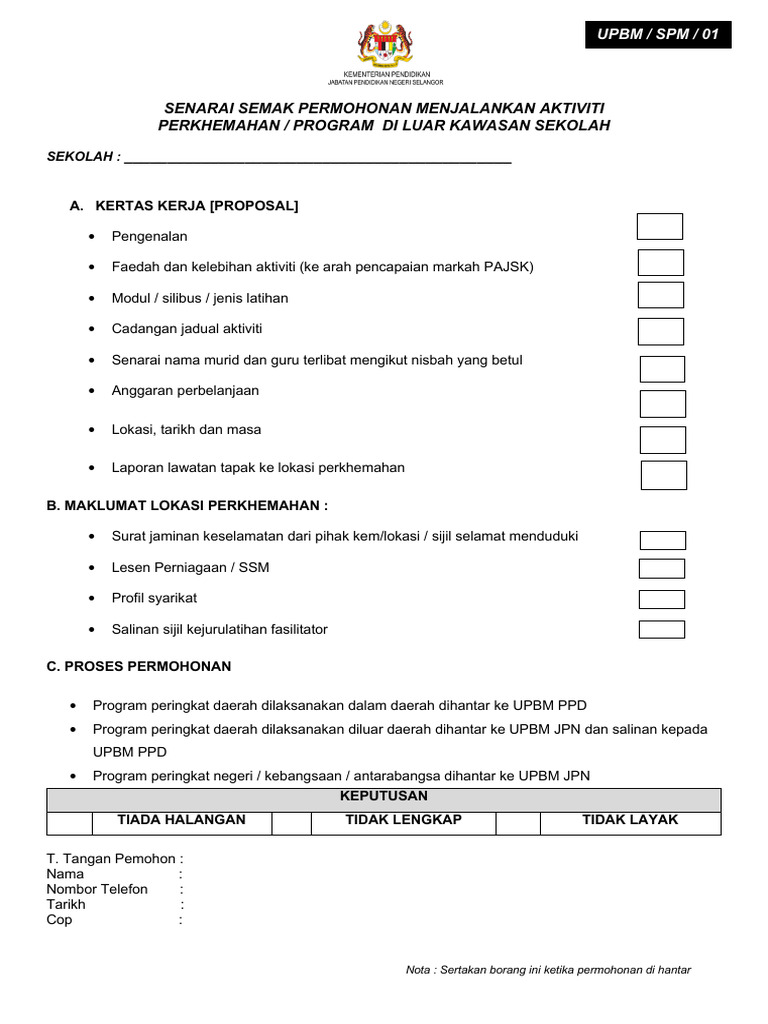 SENARAI_SEMAK_PERMOHONAN_PROGRAM_PERLHEMAHAN_DI_LIUAR_KAWASAN_SEKOLAH | PDF