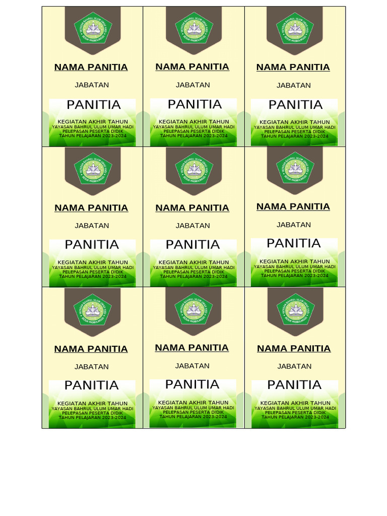 Desain 1 ID Card Panitia Hijau File Word Tanpa Pas Foto | PDF