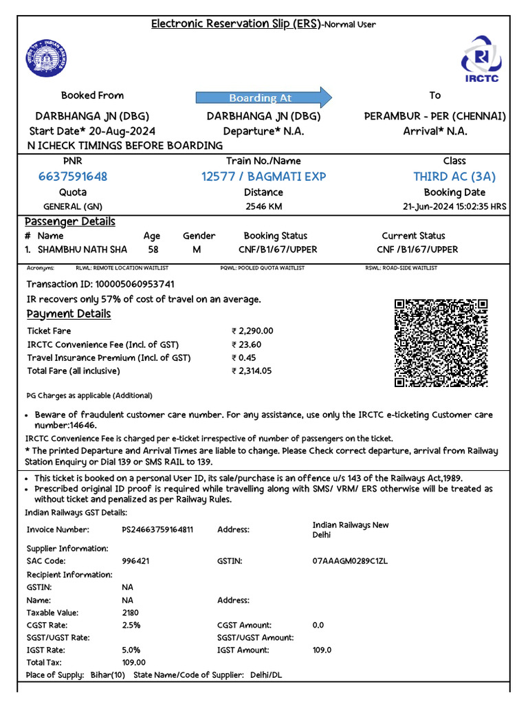 Bagmati Exp Third Ac (3A) | PDF