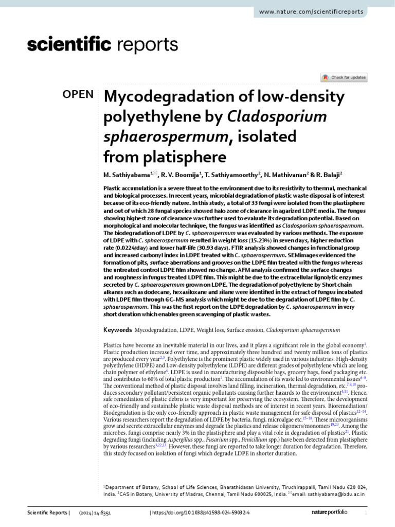 Mycodegradation of Low Density Polyethylene by Clasporium ...