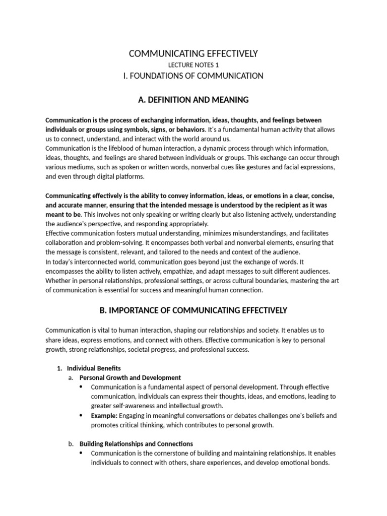 COMMUNICATING EFFECTIVELY Note 1 Foundations of Education | PDF