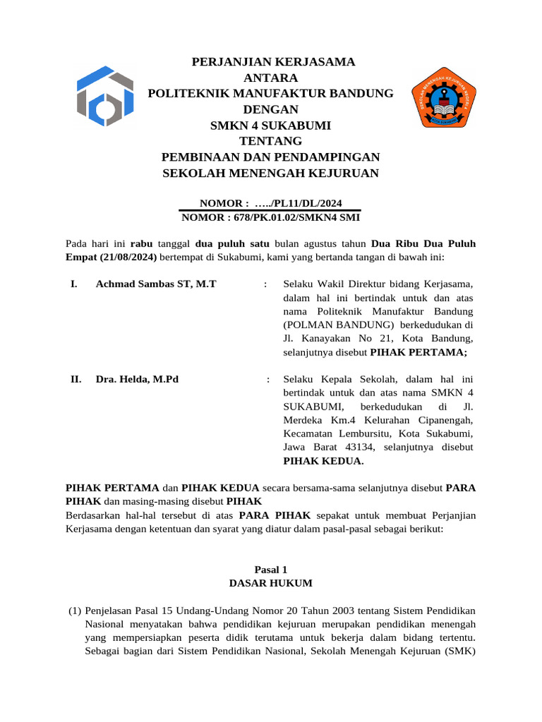 2 DRAF MOU POLMAN Dengan SMK 4 Sukabumi | PDF
