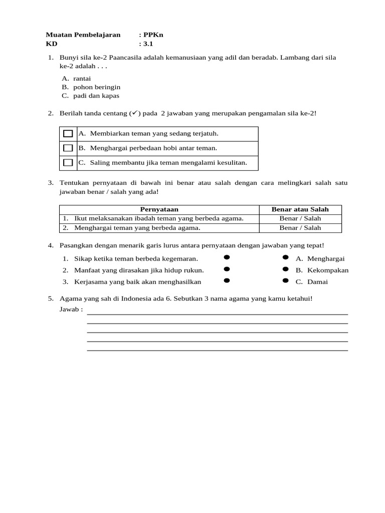 Penilaian Harian Bahasa Inggris Kelas 3 Tema 1 Sub Tema 2 | PDF