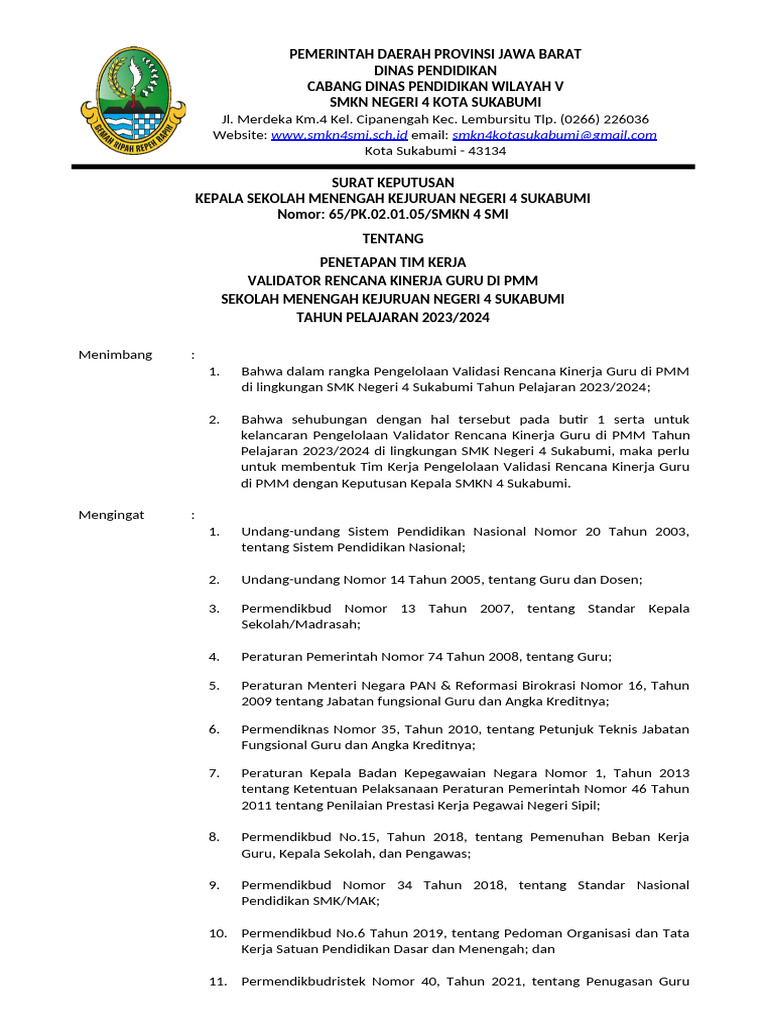 Draft SK TIM Validator Kinerja Guru Di PMM SMKN 4 Sukabumi 2024 | PDF