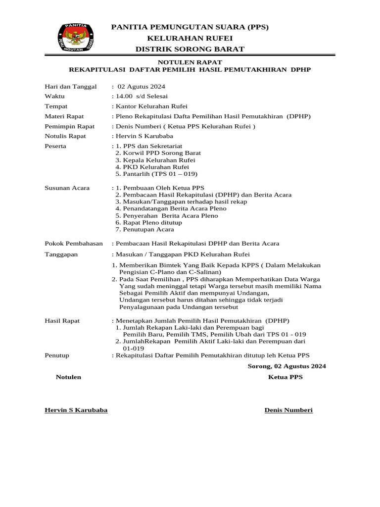 Notulen Rapat Pleno Data Pertama | PDF