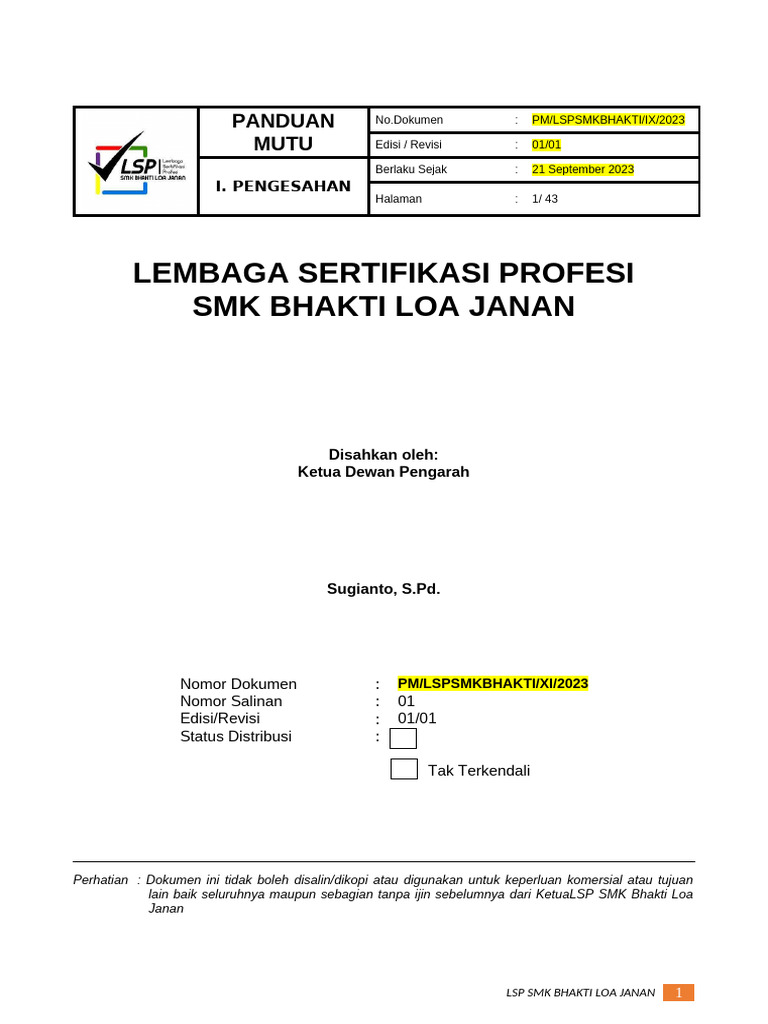 Panduan Mutu LSP p1 SMK Bhakti Loa Janan 2023 | PDF