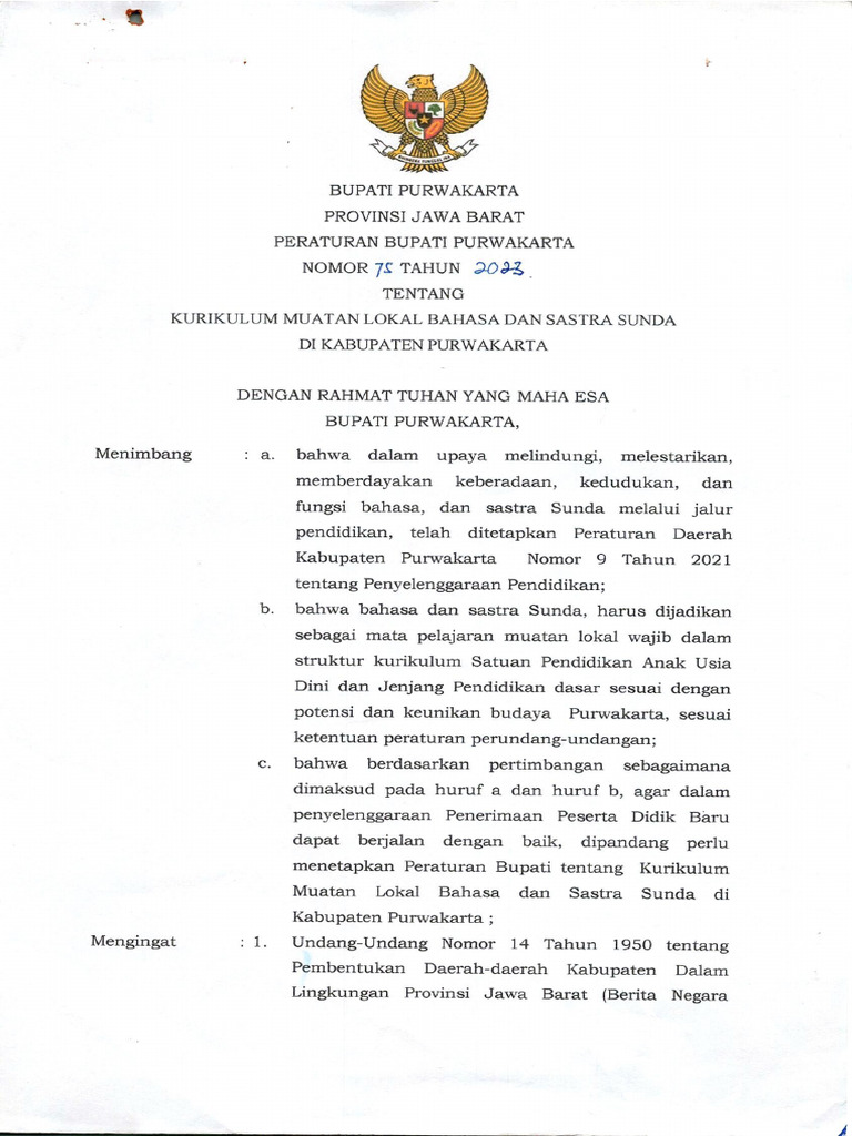 Perbup Kurikulum Muatan Lokal Bahasa Dan Sastra Sunda | PDF
