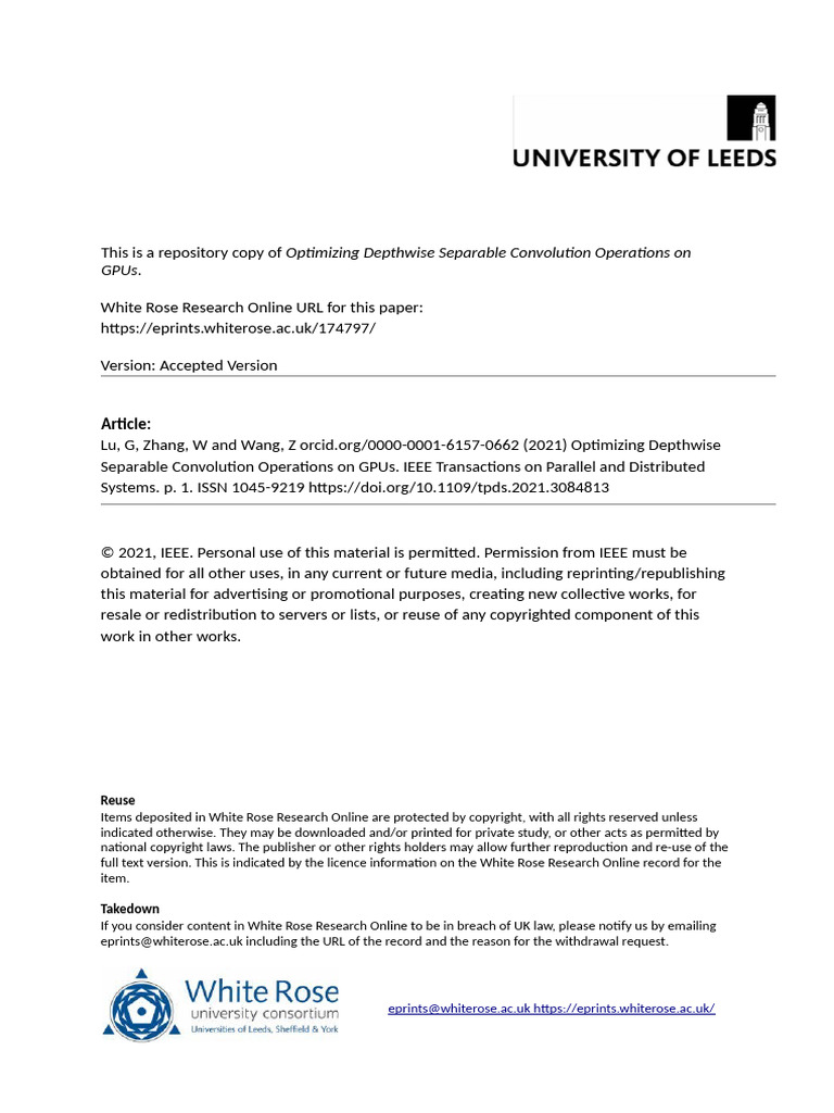This Is A Repository Copy of Optimizing Depthwise Separable Convolution Operations On GPUs | PDF